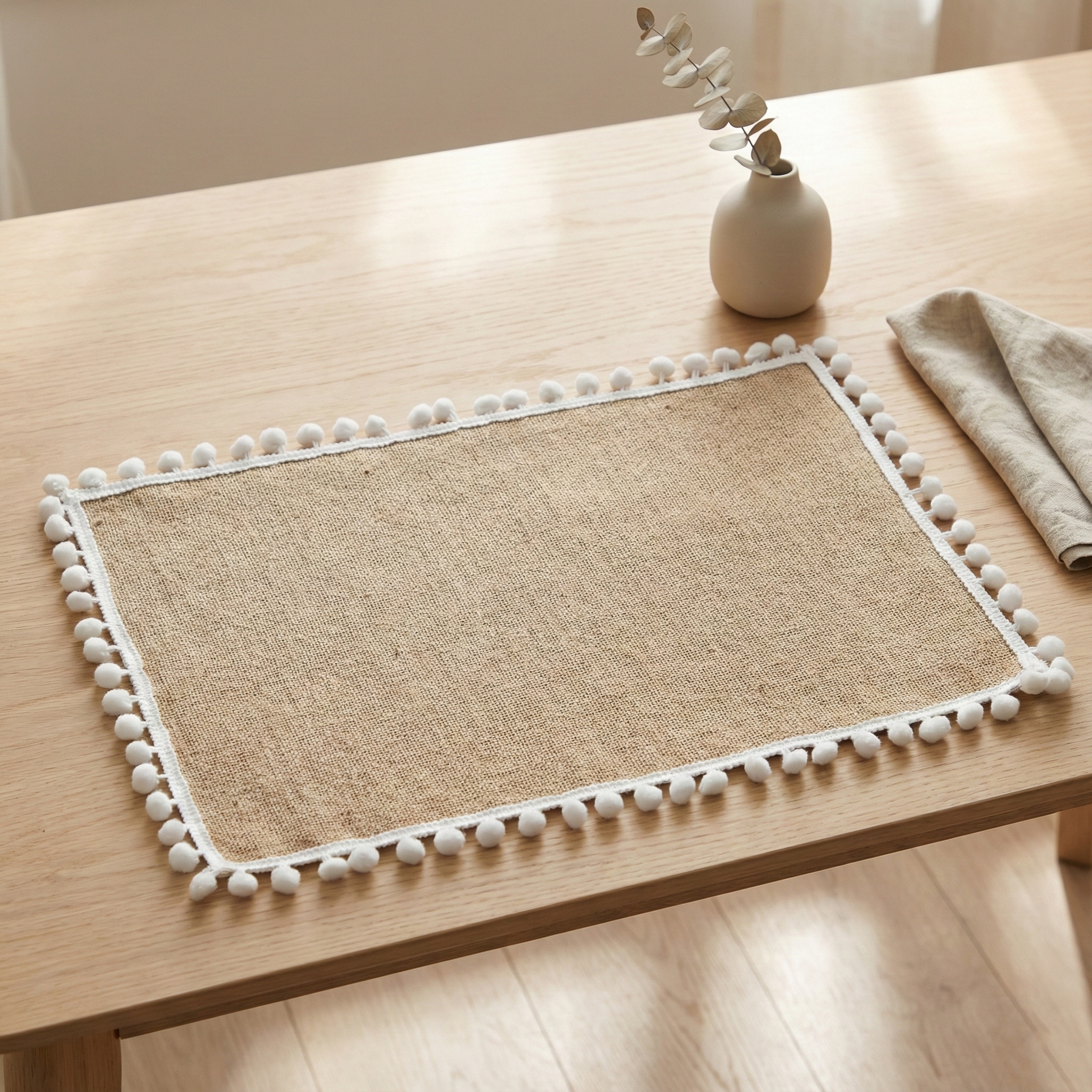 Jute Tolley Mat Set With Cute Pom poms - Brown – 99 Bedding Store